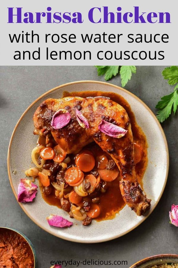 Harissa chicken with rose water sauce and lemon couscous