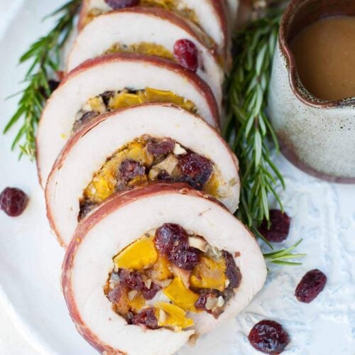 Turkey roulade with butternut squash, mushroom and cranberry stuffing