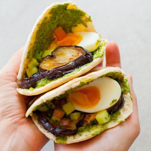 Sabich sandwich - Israeli eggplant and egg stuffed pita