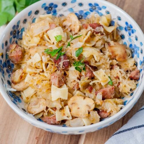 Łazanki - Polish noodles with cabbage, kiełbasa, and mushrooms